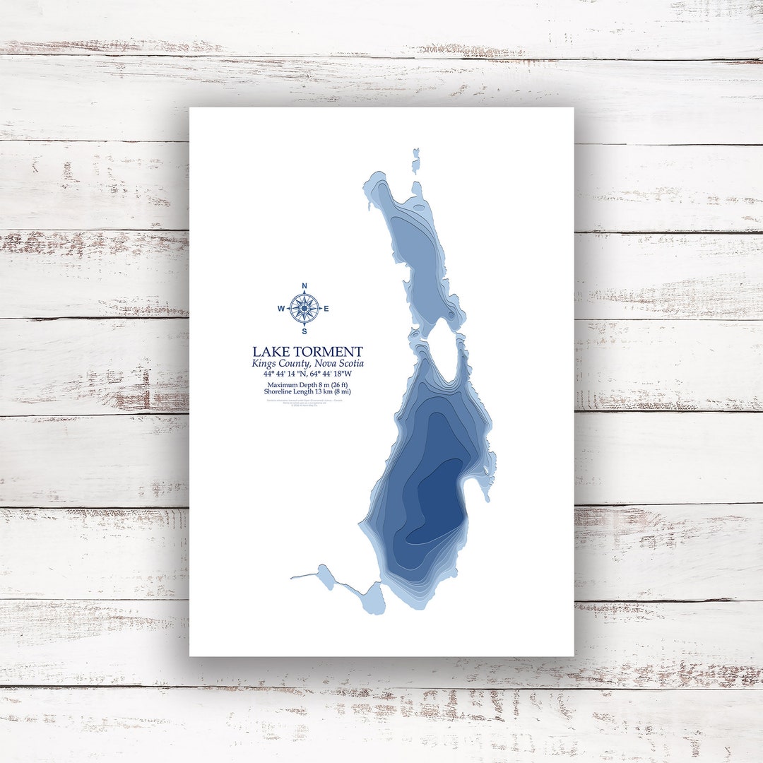 Torment Lake Nova Scotia | Bathymetric Map Print | 12"x18" to 28"x40 ...