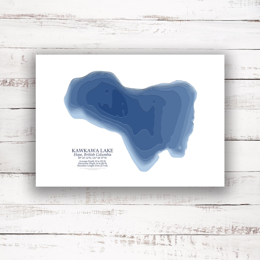Kawkawa Lake Hope BC | Bathymetric Map | Print Poster | Custom Lake Map ...