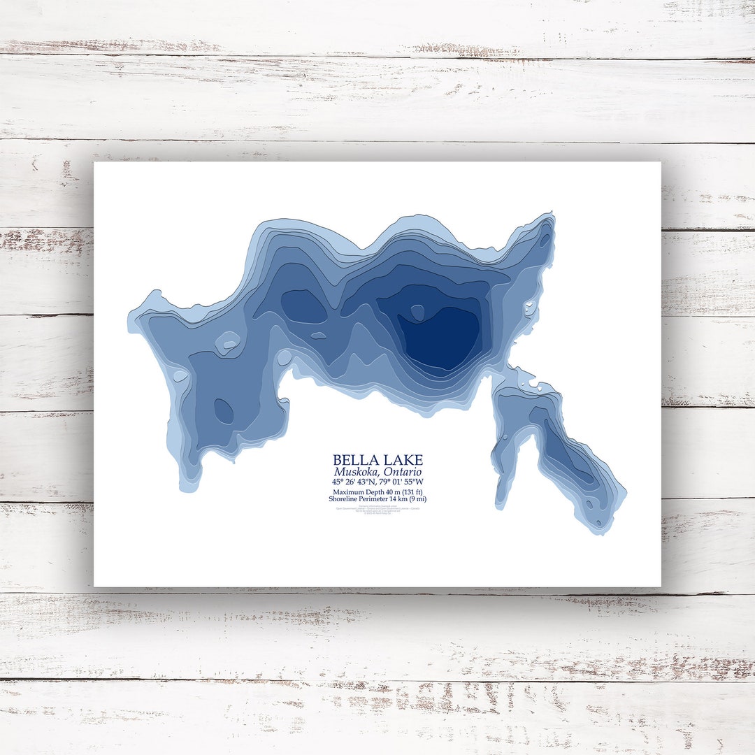 Bella Lake Muskoka Lakes Bathymetric Map Print 12x16 to 30x40 Lake Gift ...