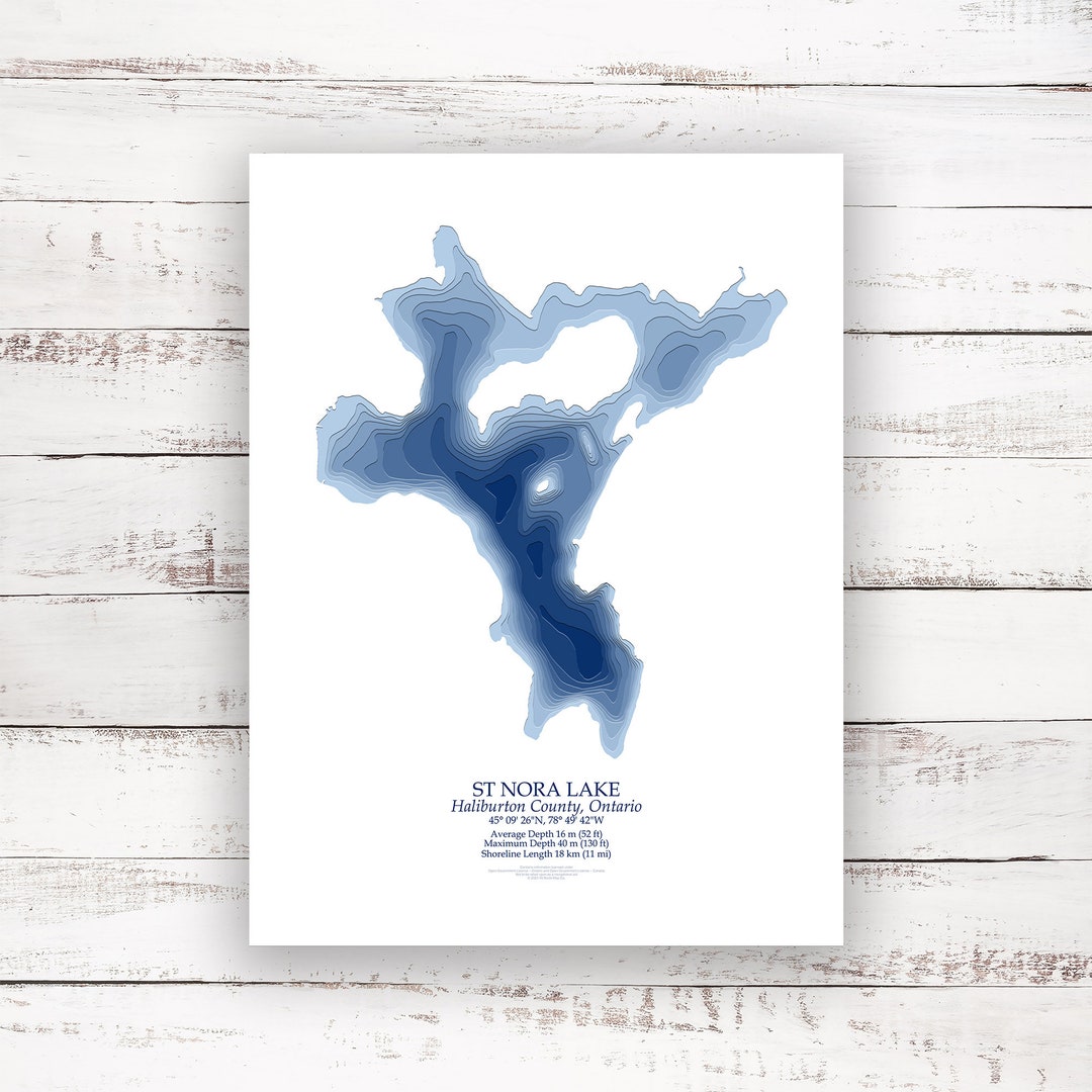 St Nora Lake Haliburton County | Bathymetric Map Print | 12"x16" to 30 ...