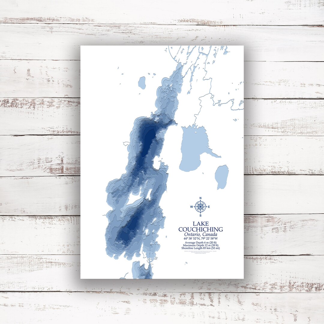 Lake Couchiching | Bathymetric Map | Print Poster | Custom Lake Map ...