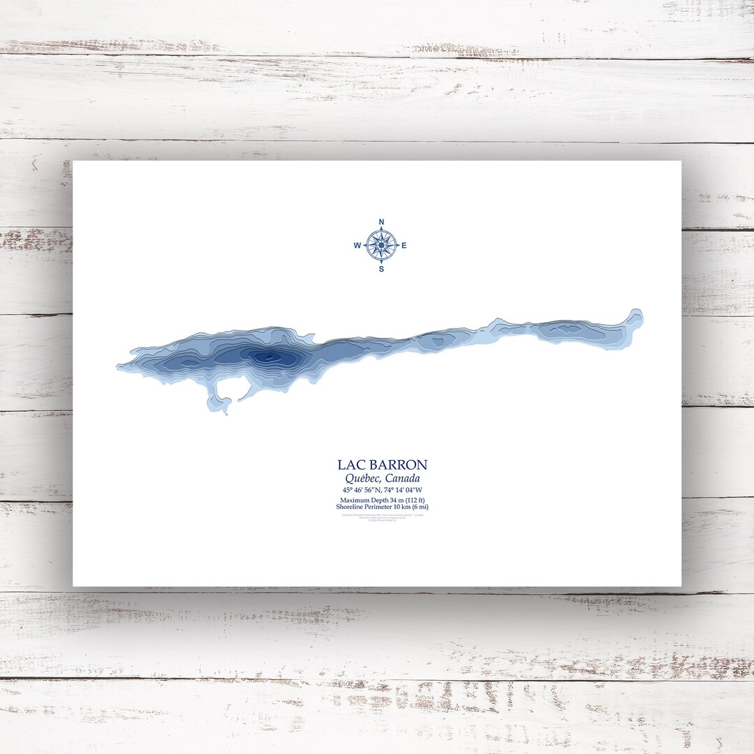 Lac Barron Quebec Barron Lake Bathymetric Map Lake Depth Print 12x18 to ...