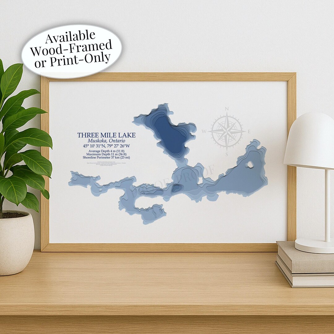 Three Mile Lake Map | Muskoka | Custom Lake Map | Bathymetric Print ...