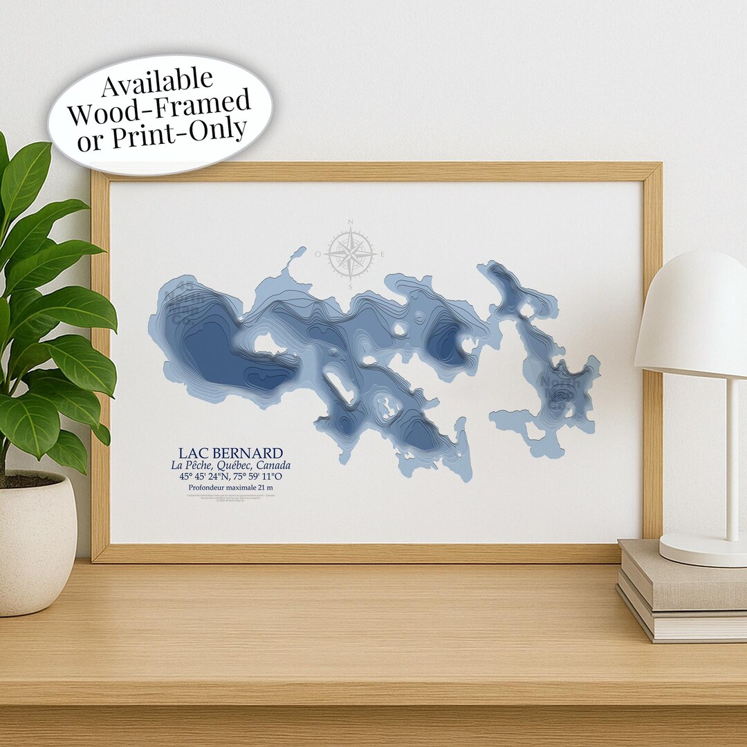 Lac Bernard La Peche Quebec | Bathymetric Print | Custom Lake Map ...