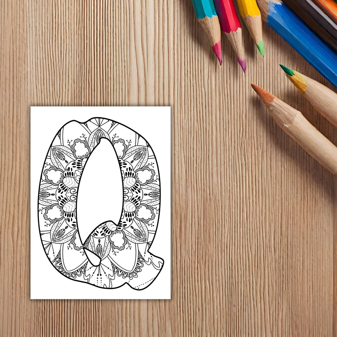 Alphabet Botanical Design Mandala Coloring Page Letter Q ABC Adult ...