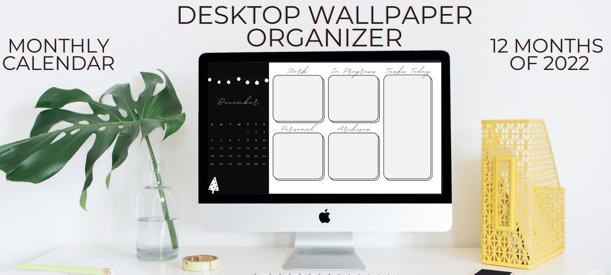 Black & White Desktop Wallpaper Organizer 12 Months Including | Etsy