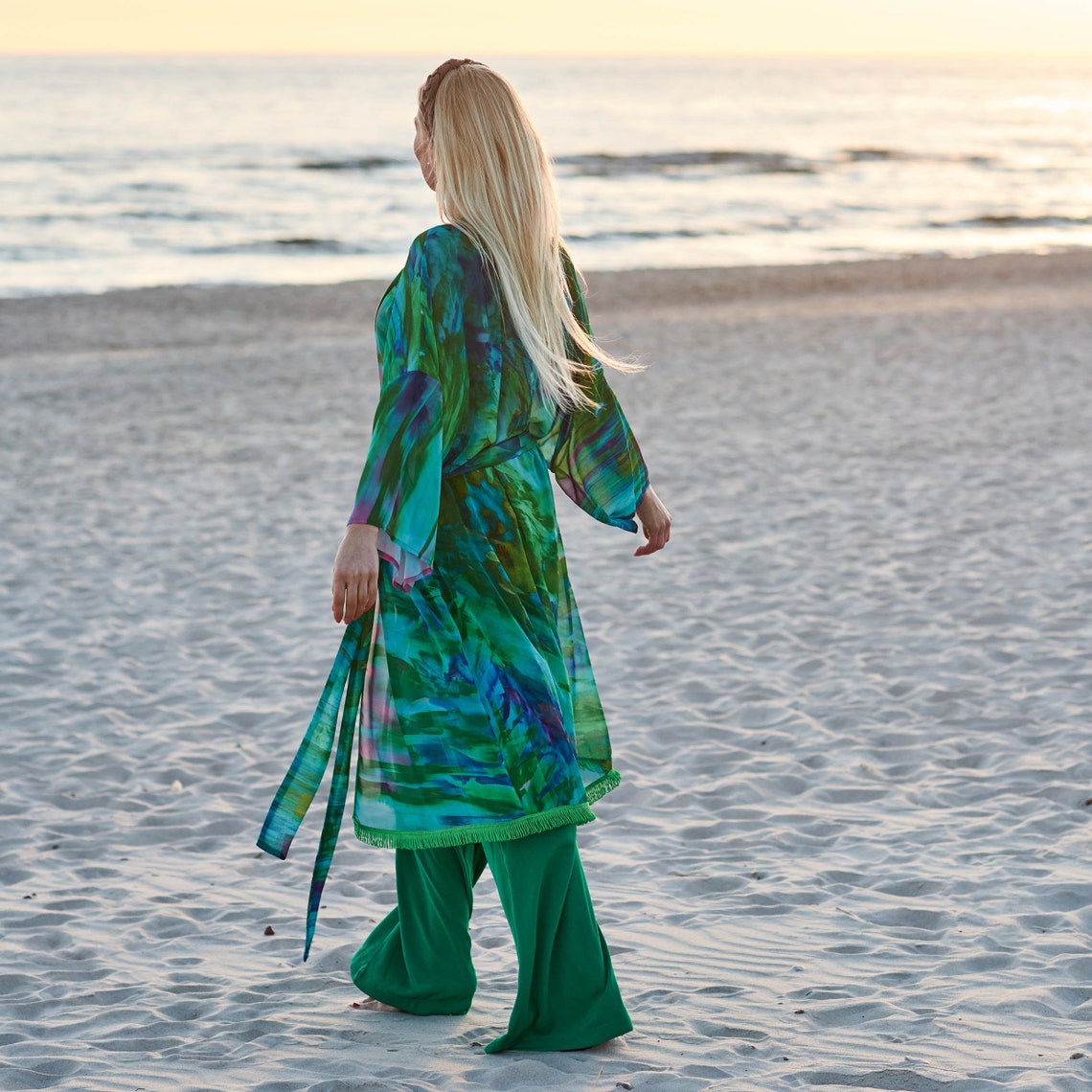 Long Wide Green Palazzo Pants for Women, Kimono Trouser Outfit, Casual ...