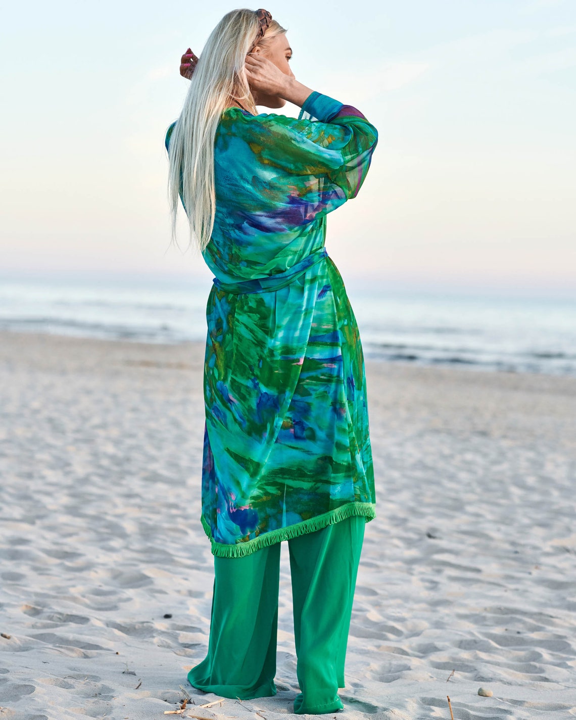 Long Wide Green Palazzo Pants for Women, Kimono Trouser Outfit, Casual ...