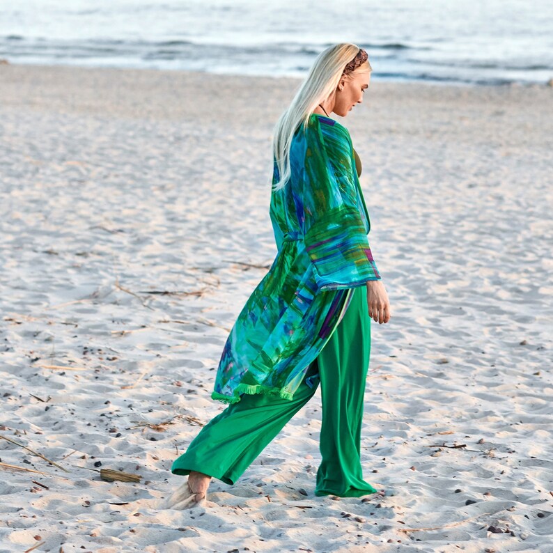 Long Wide Green Palazzo Pants for Women, Kimono Trouser Outfit, Casual ...