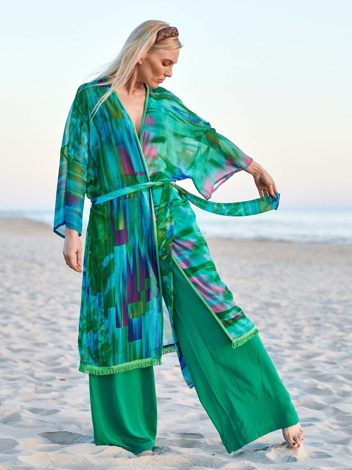 Long Wide Green Palazzo Pants for Women, Kimono Trouser Outfit, Casual ...