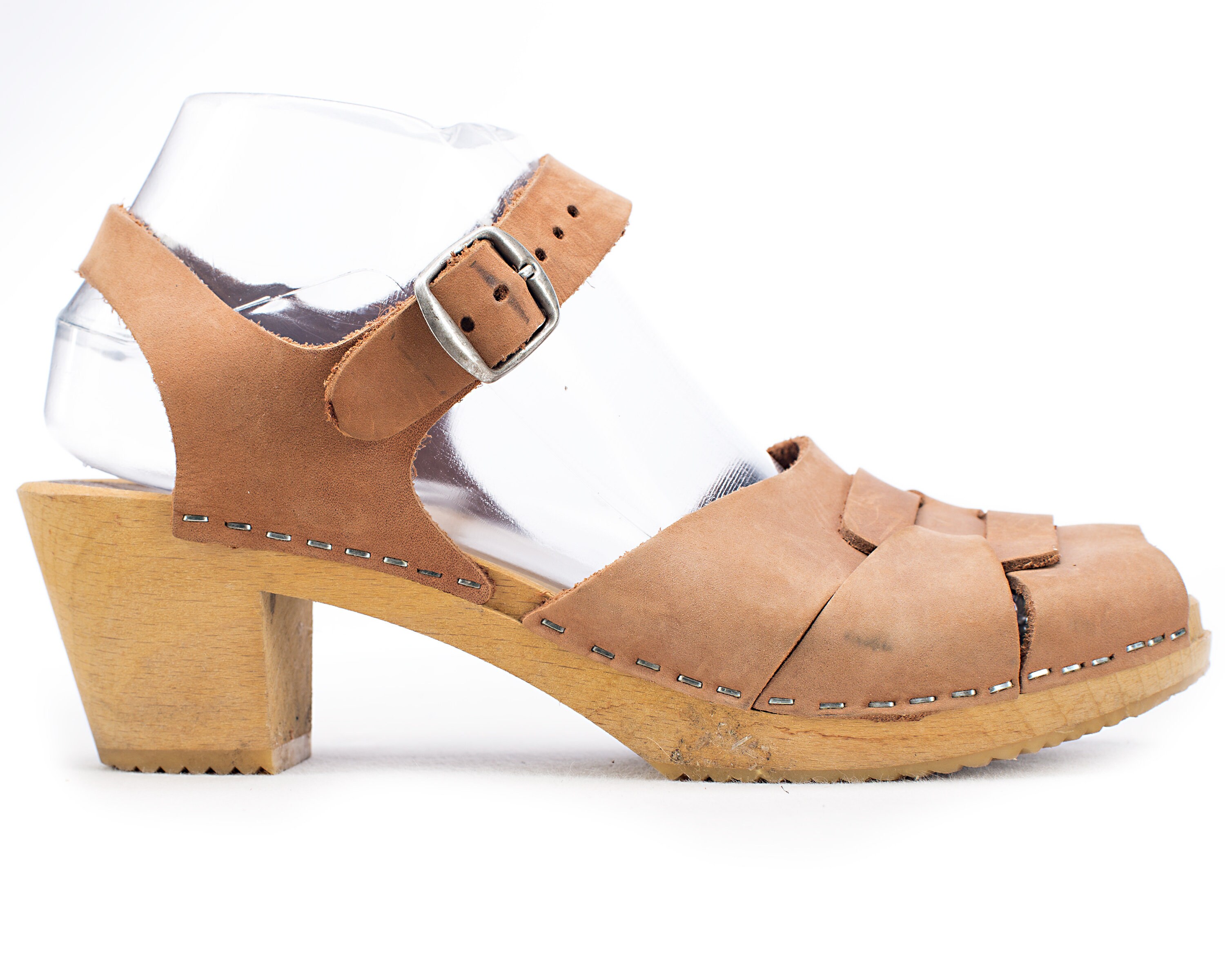 Scandinavian Wooden Platforms Beige Clogs Suede Leather Woven Sandals ...