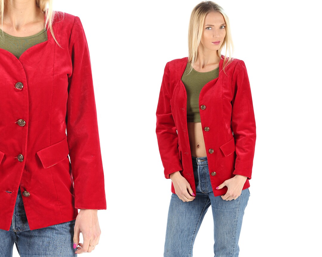 Red Collarless Jacket Coat 80s Velvet Jacket Christmas Blazer Jacket ...