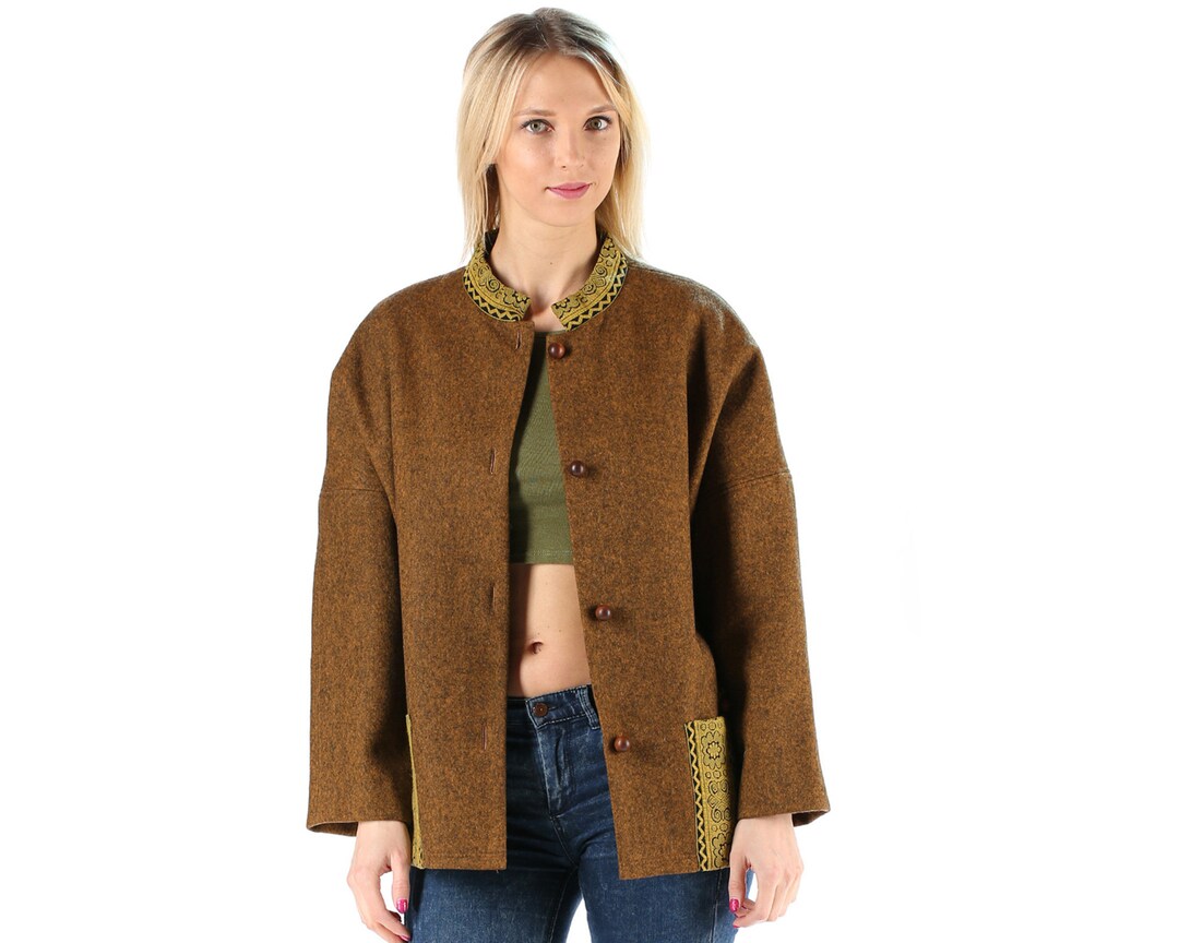 Ethnic Wool Jacket Collarless 80s Brown Bohemian Vintage Handmade Mini ...