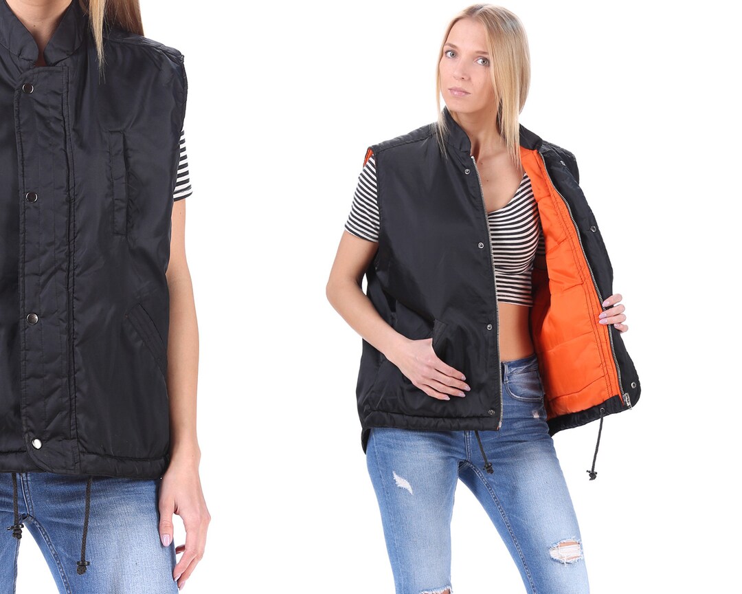 Black Biker Vest Puffer Vest 90s Orange Lining Sleeveless Jacket Ski ...