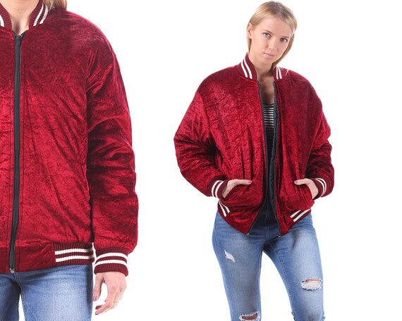 80s Velvet Bomber Jacket Red Baseball Jacket Maroon - Etsy