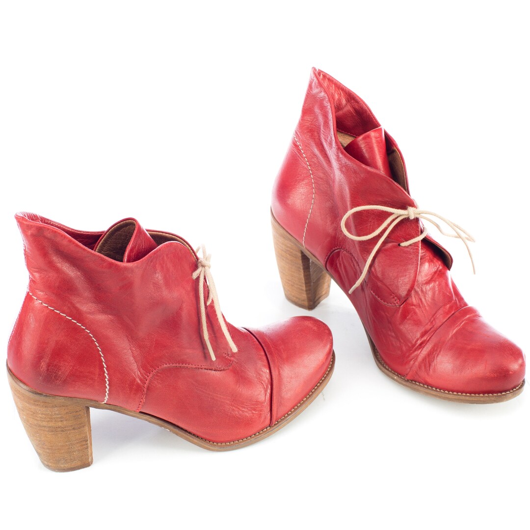 Red Ankle Boots Lace up 90s Bohemian Boots Red Leather Boots Genuine ...