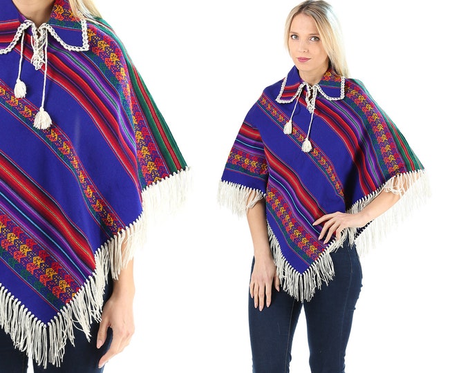 Western Poncho Ethnic Southwest Poncho 70s Fringed Woven Wool Poncho ...