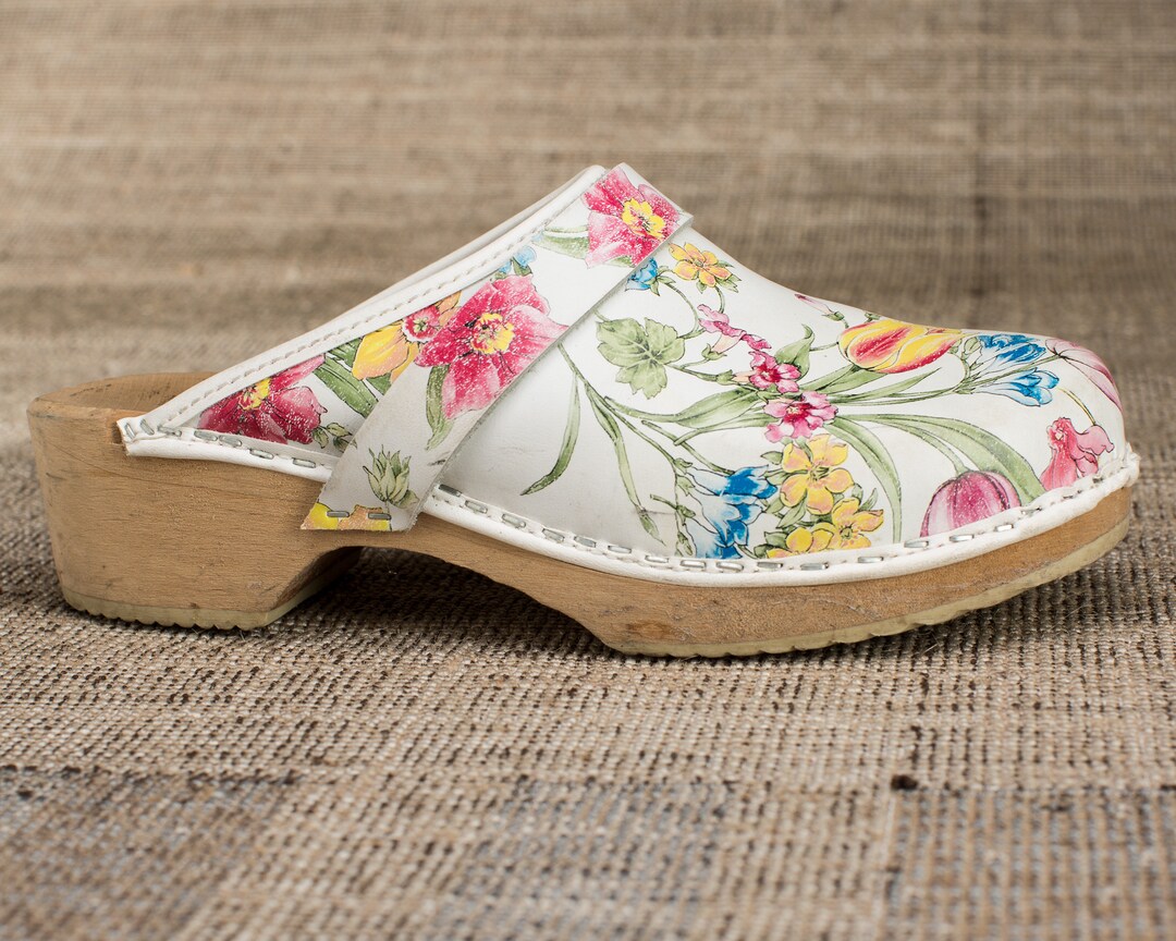 Scandinavian Wooden Clogs Floral Clogs White Mules 90s Leather Wood ...