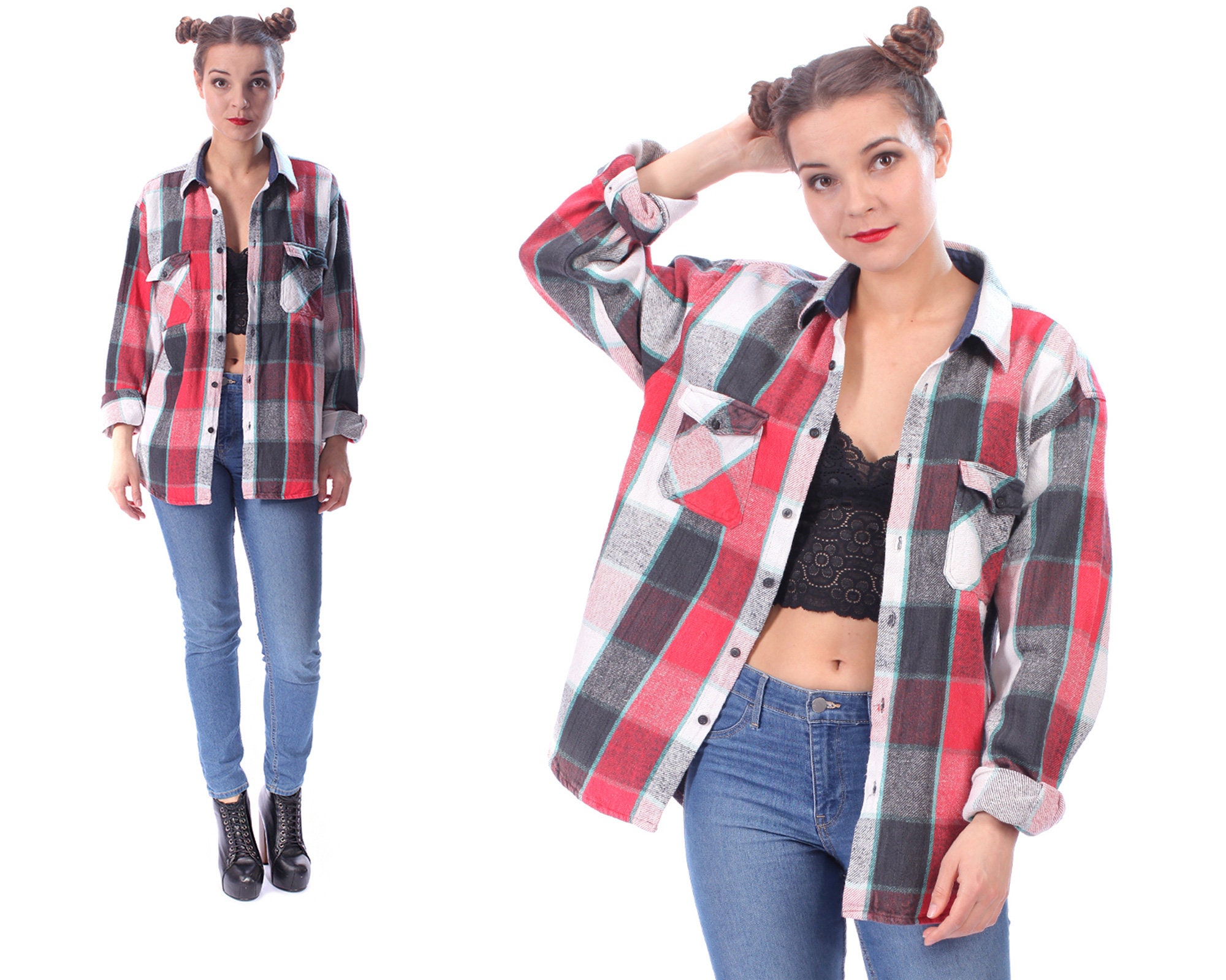 Red Plaid Flannel Shirt Soft 80s Vintage Grunge Thick - Etsy