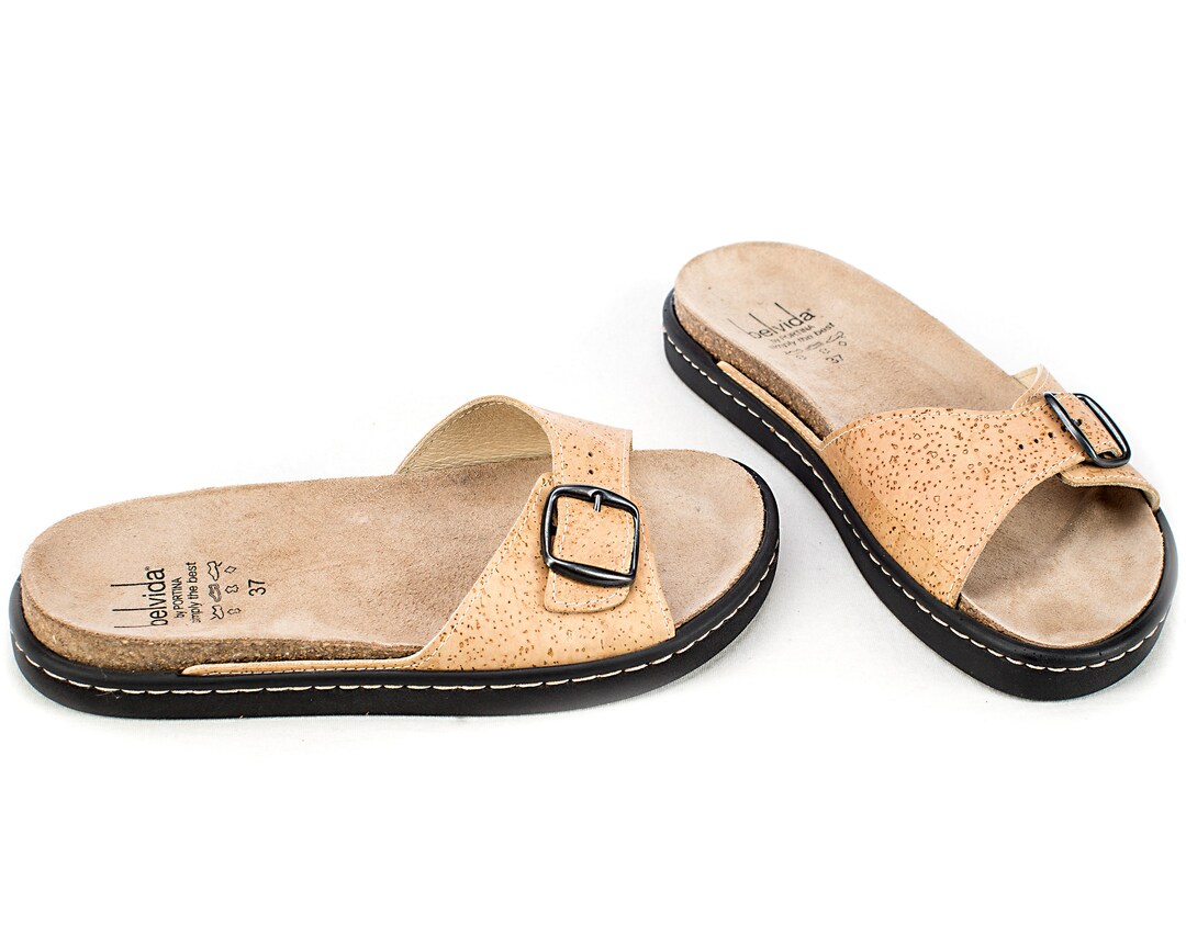 Beige Sandals Cork Mules Y2K Wide Strap Sandals Anatomically Cork ...