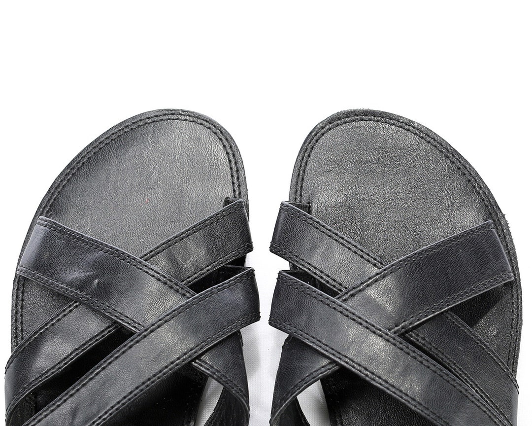 Leather Gladiator Sandals Men's 90s Black Leather Mules Wide Straps ...