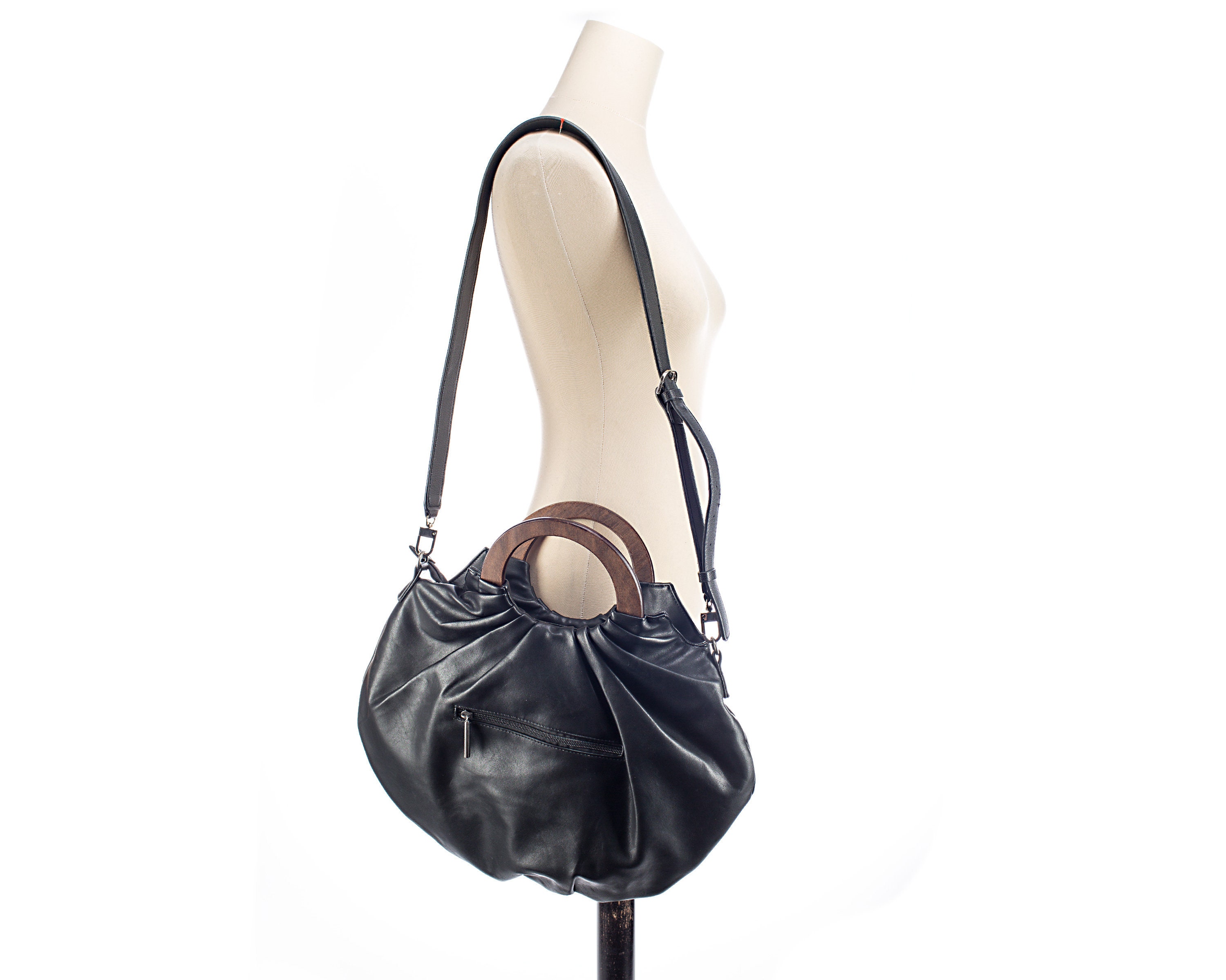 Crossbody Leather Hobo Bag Y2K Bohemian Black Pleated Bag Round Wood ...