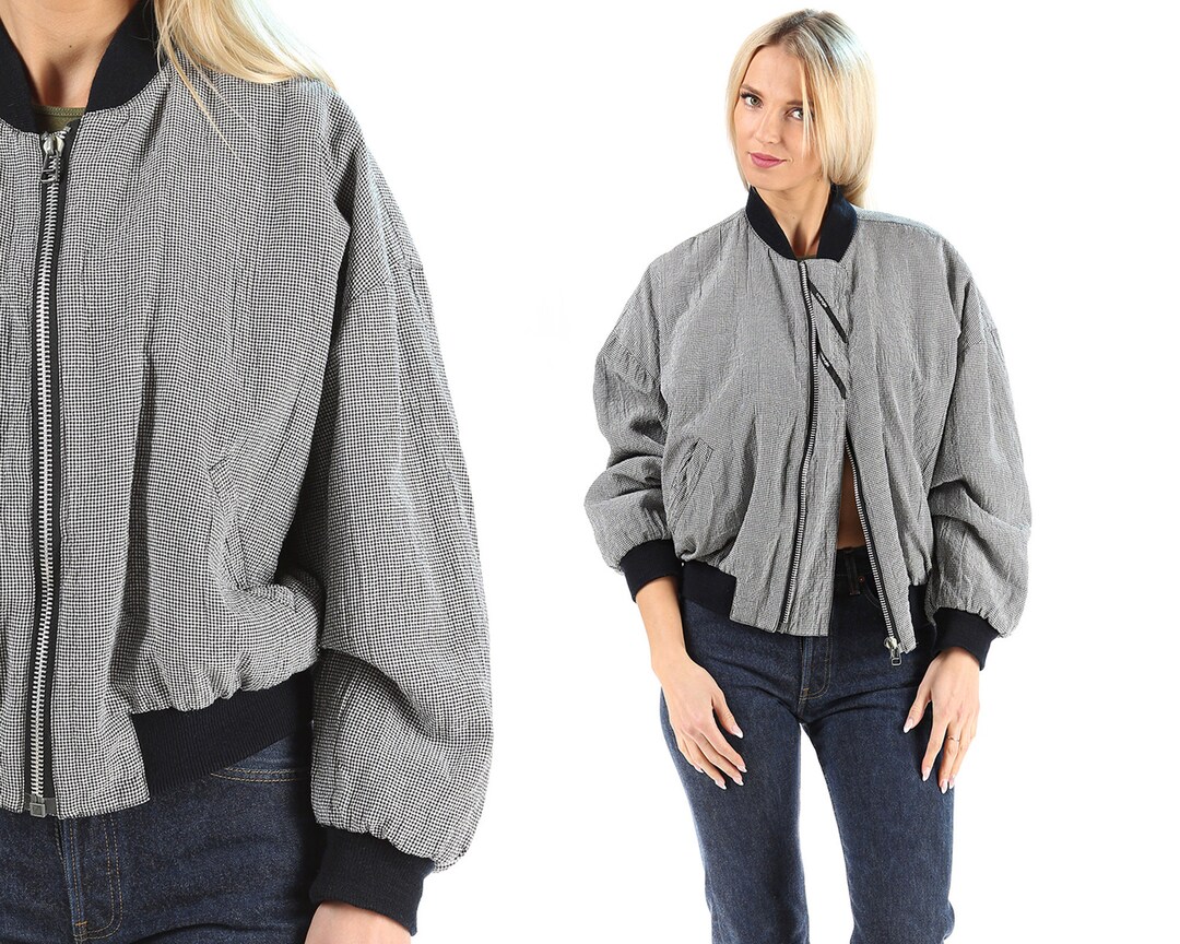 Vintage Bomber Jacket Gray 90s Black White Gingham Bomber Jacket Unisex ...