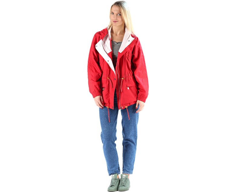 90s Ski Jacket Red Hood Jacket Zip up Jacket Vintage Red Windbreaker ...