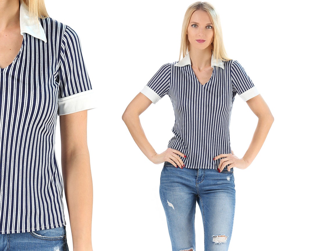 70s Ban Lon Shirt Navy Blue White Striped V - Neck Retro Tennis Banlon ...