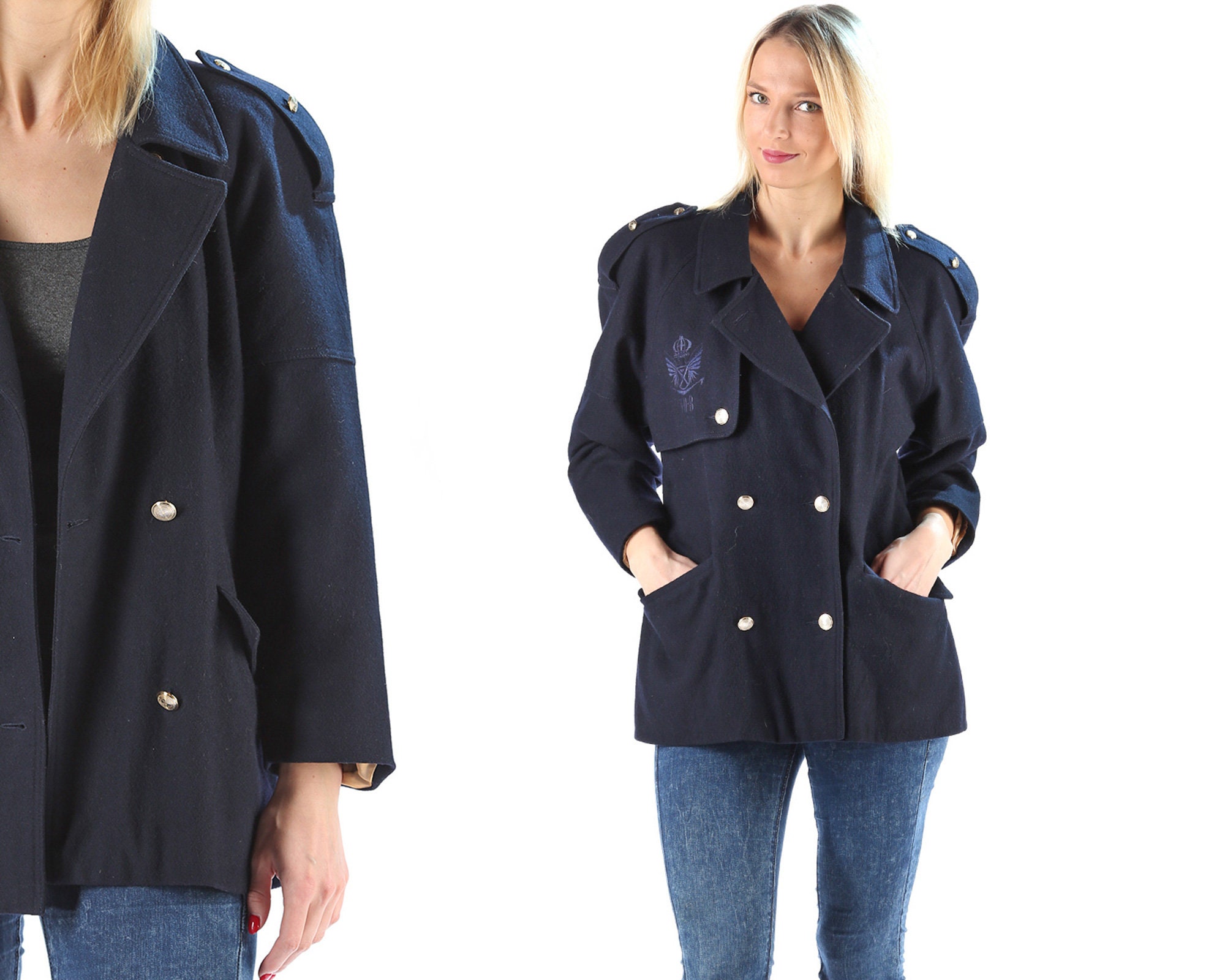 Military Navy Wool Jacket Pea Coat 80s Short Wool Coat Vintage Wool ...