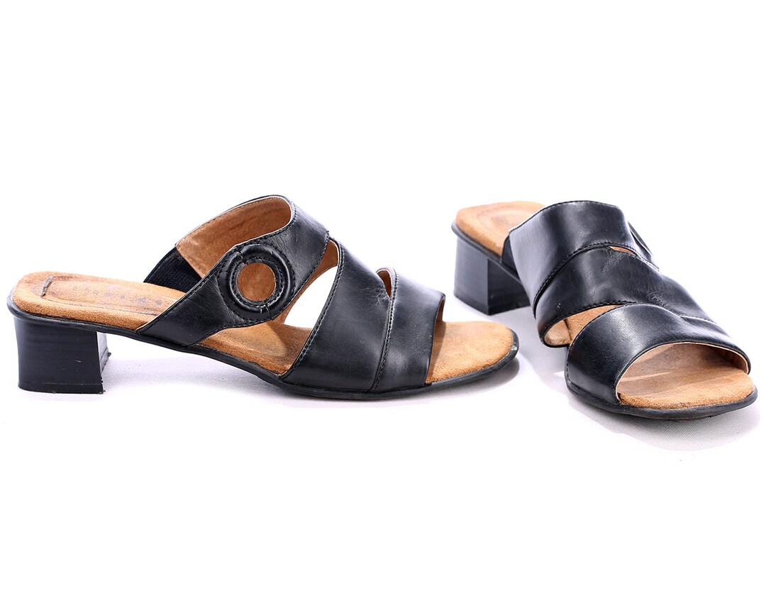 Block Heel Sandals Vintage 90s Black Leather Mules Slip on Sandals ...