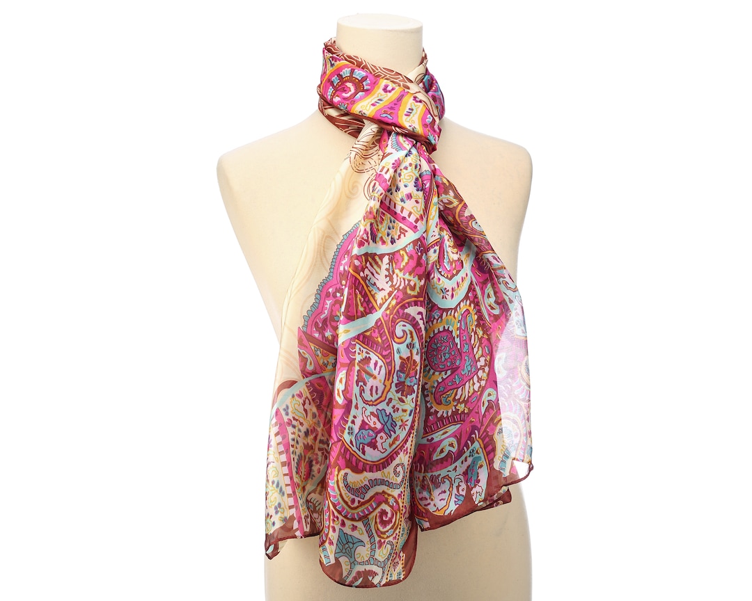 Bohemian Silk Scarf 90s Beige Pink Scarf Paisley Scarf Moms Gift ...