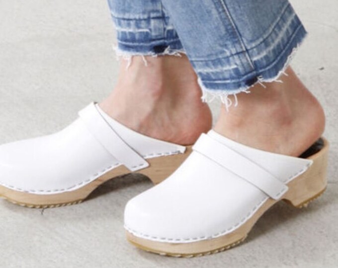 Scandinavian Wooden Clogs White 90s Leather Wood Platform White Mules ...