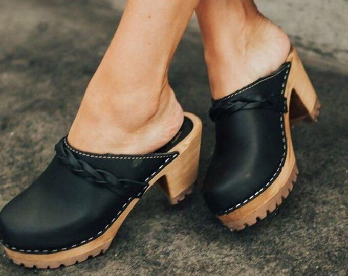 Scandinavian Wooden Clogs 70s Black Leather Wood Platform Mules Black ...