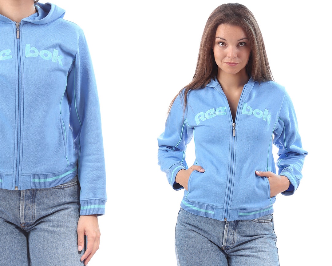 Blue Reebok Bomber Jacket 90s Blue Hoodie Track Run Jacket Hooded Hip ...