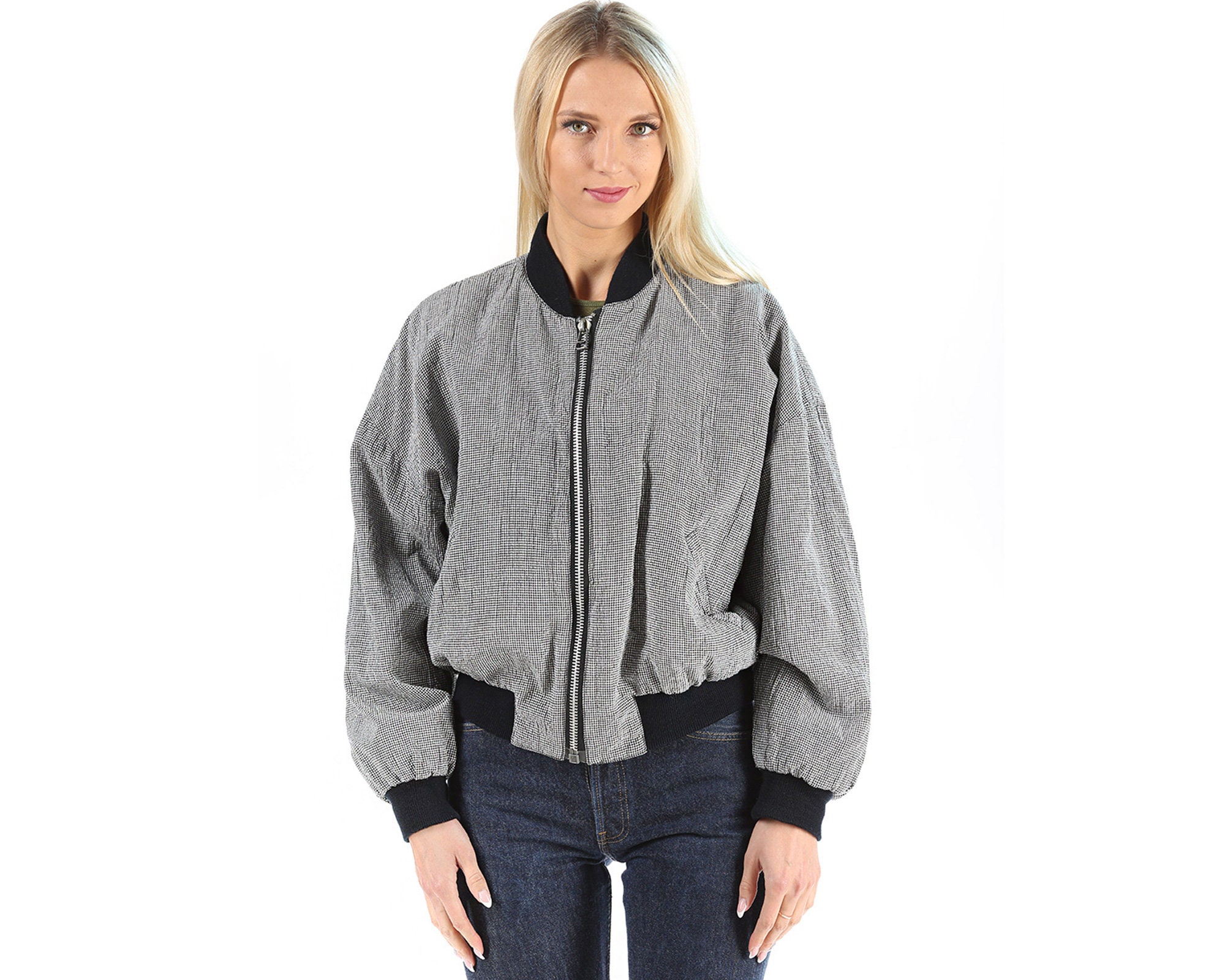 Vintage Bomber Jacket Gray 90s Black White Gingham Bomber - Etsy