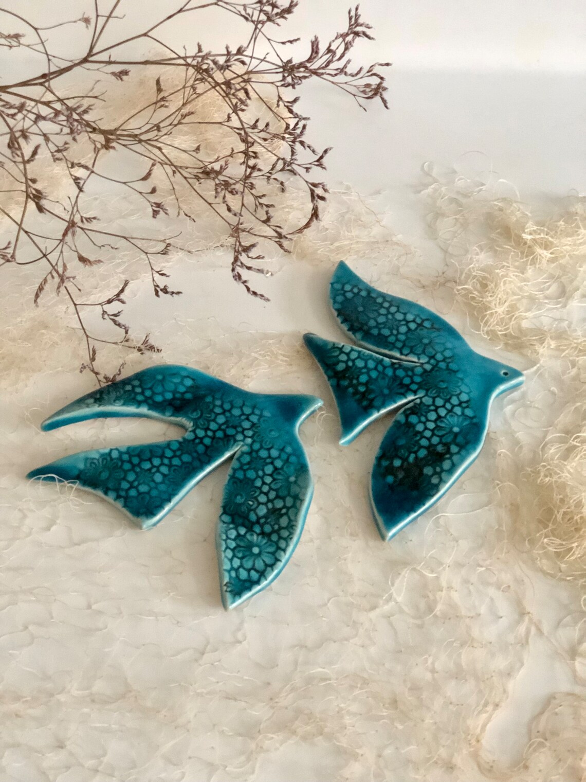 Turquoise Pottery Bird Wall Decor With Texture Flying - Etsy