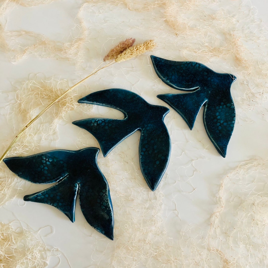 Navy Blue Pottery Bird Wall Decor With Texture, Flying Swallows Sets ...