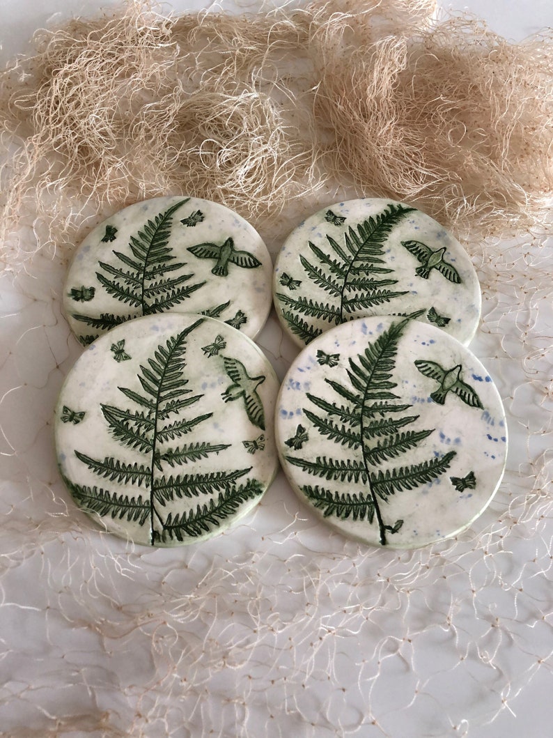 Fern Leaf Ceramic Coasters Set of 4, Green and White Drink Round ...