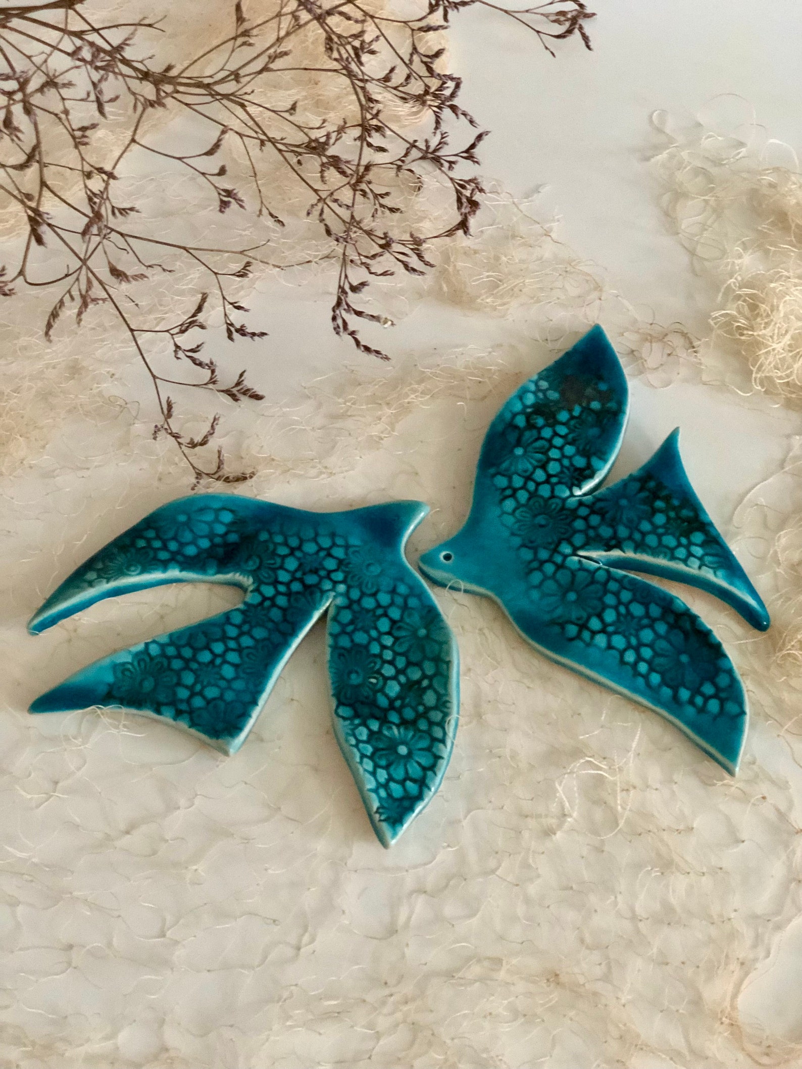 Turquoise Pottery Bird Wall Decor With Texture Flying - Etsy