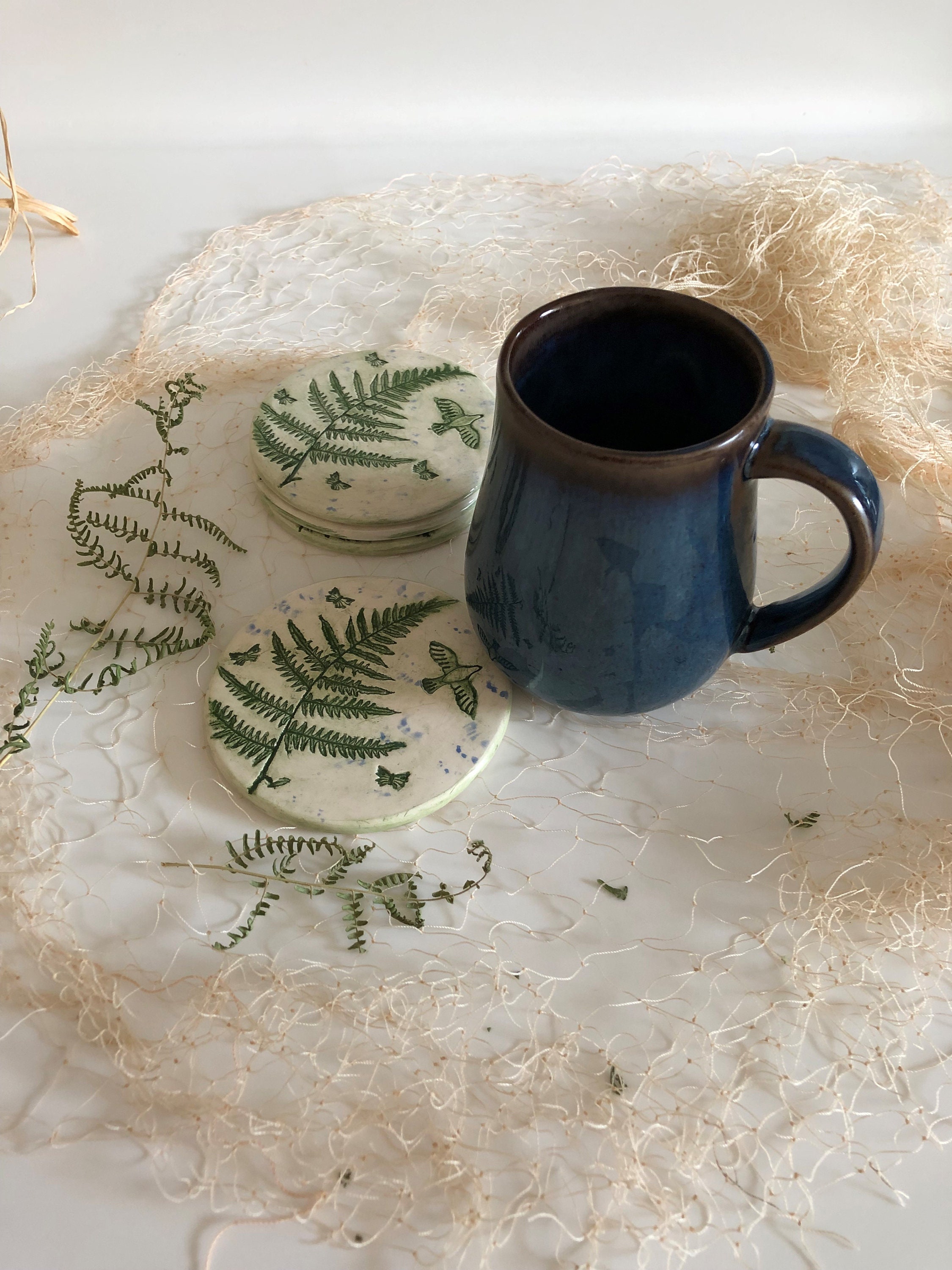 Fern Leaf Ceramic Coasters, Set of 4, Handmade Nature Coasters - Etsy