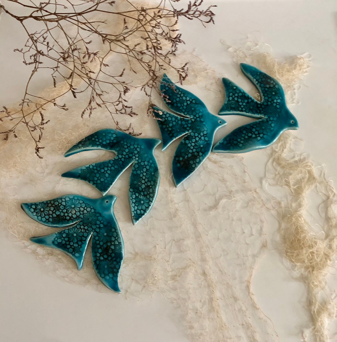 Turquoise Pottery Bird Wall Decor With Texture, Flying Swallows Sets ...
