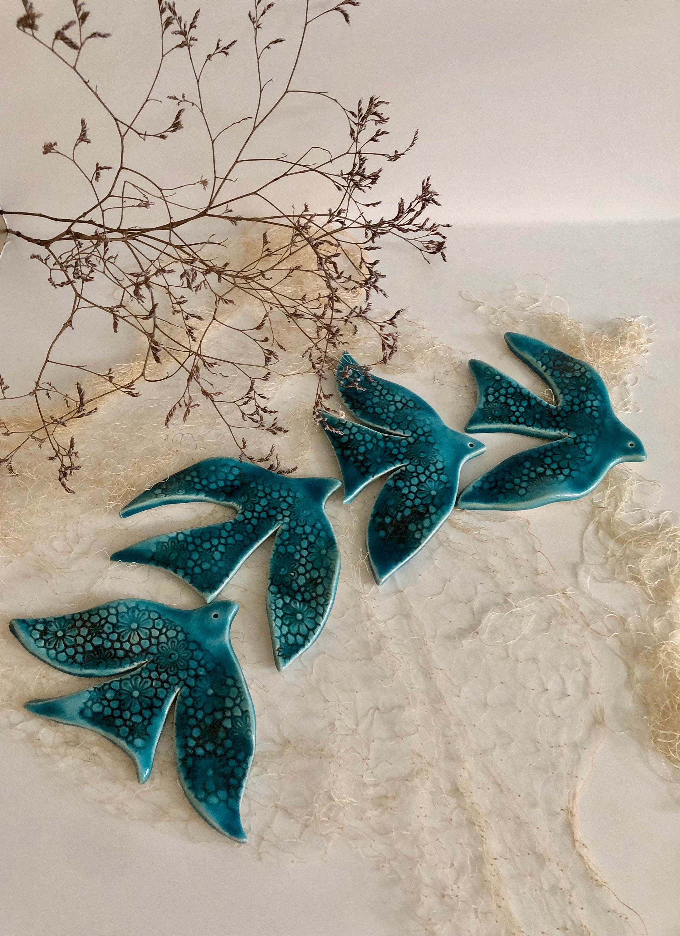 Turquoise Pottery Bird Wall Decor With Texture Flying - Etsy