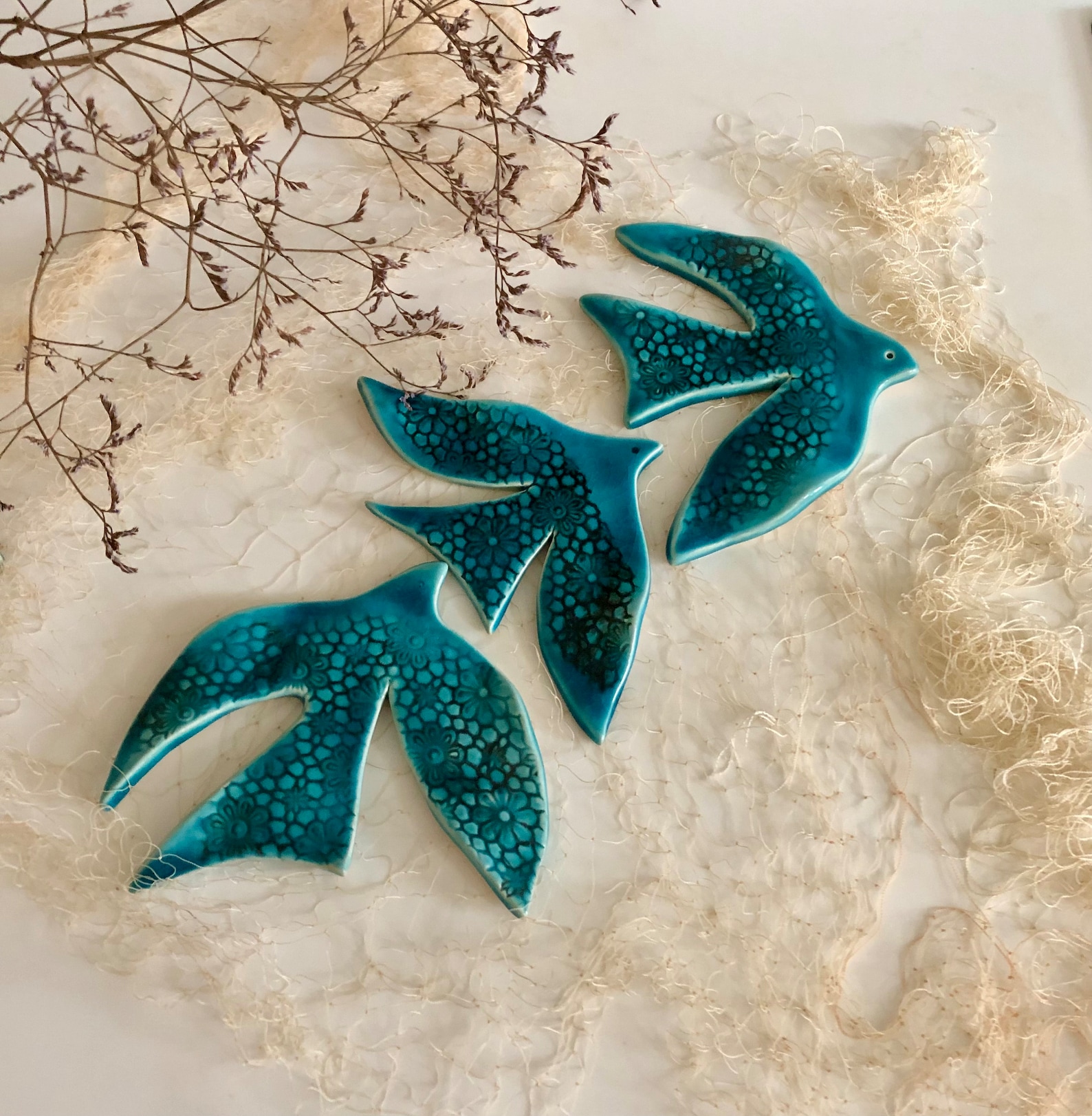 Turquoise Pottery Bird Wall Decor With Texture Flying - Etsy