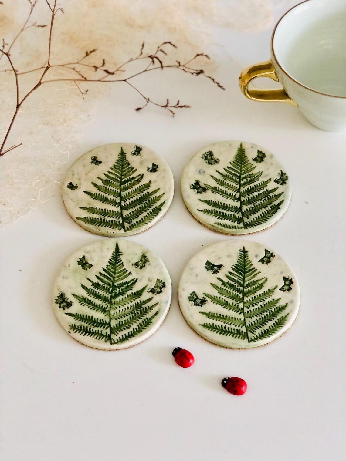 Handmade Ceramic Fern Coasters, Botanical Decor, Set of 4 - Etsy
