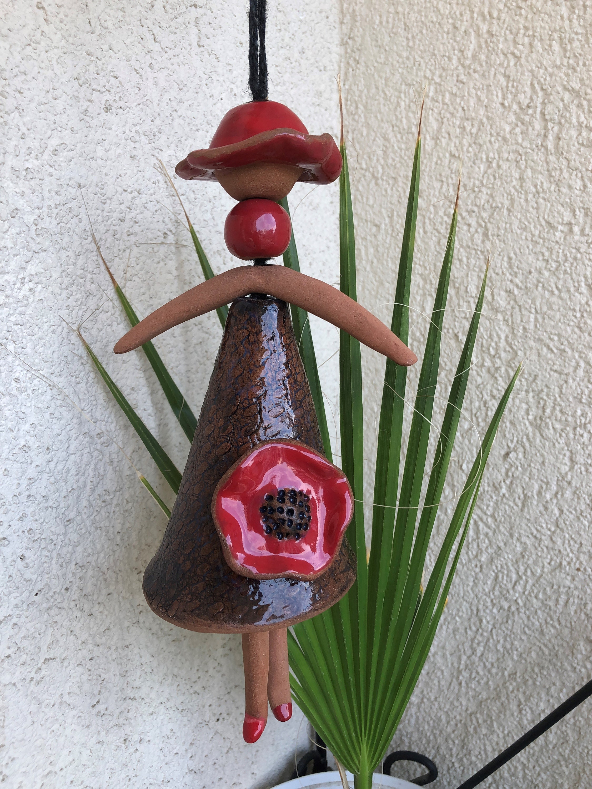 Woman Figure Ceramic Bell With Flower, Cone Wind Chimes, Woman Wall ...