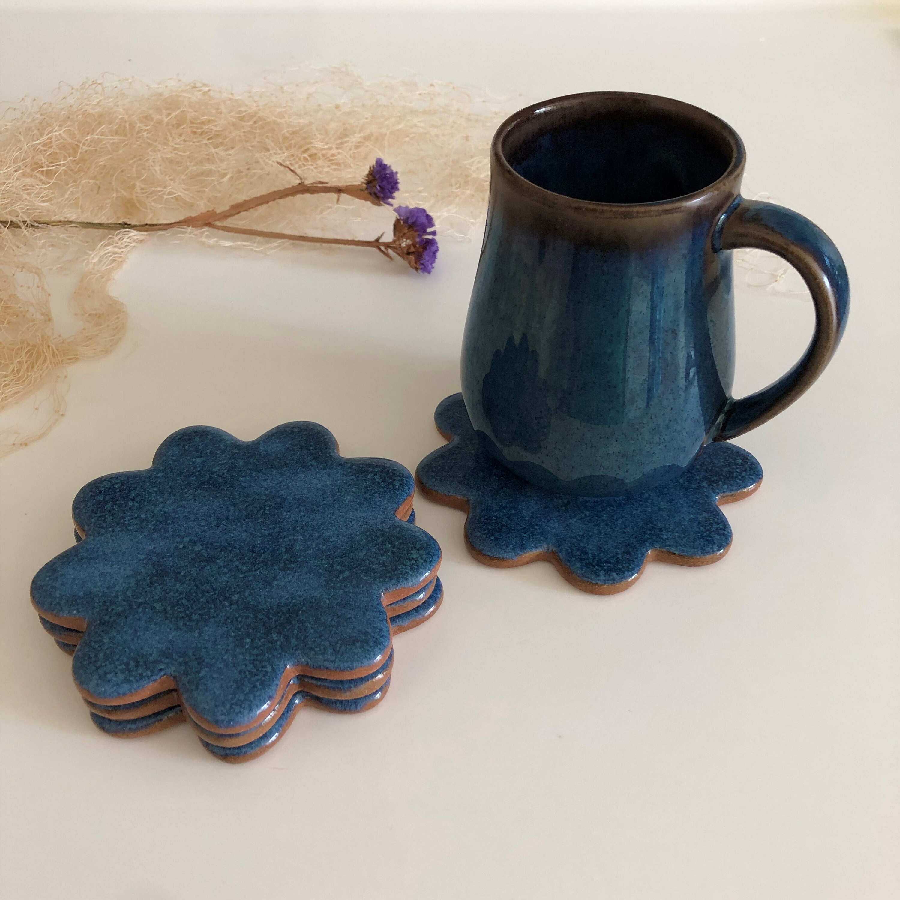 Denim Blue Flower Shaped Large Ceramic Coasters Set of 4, Flower ...