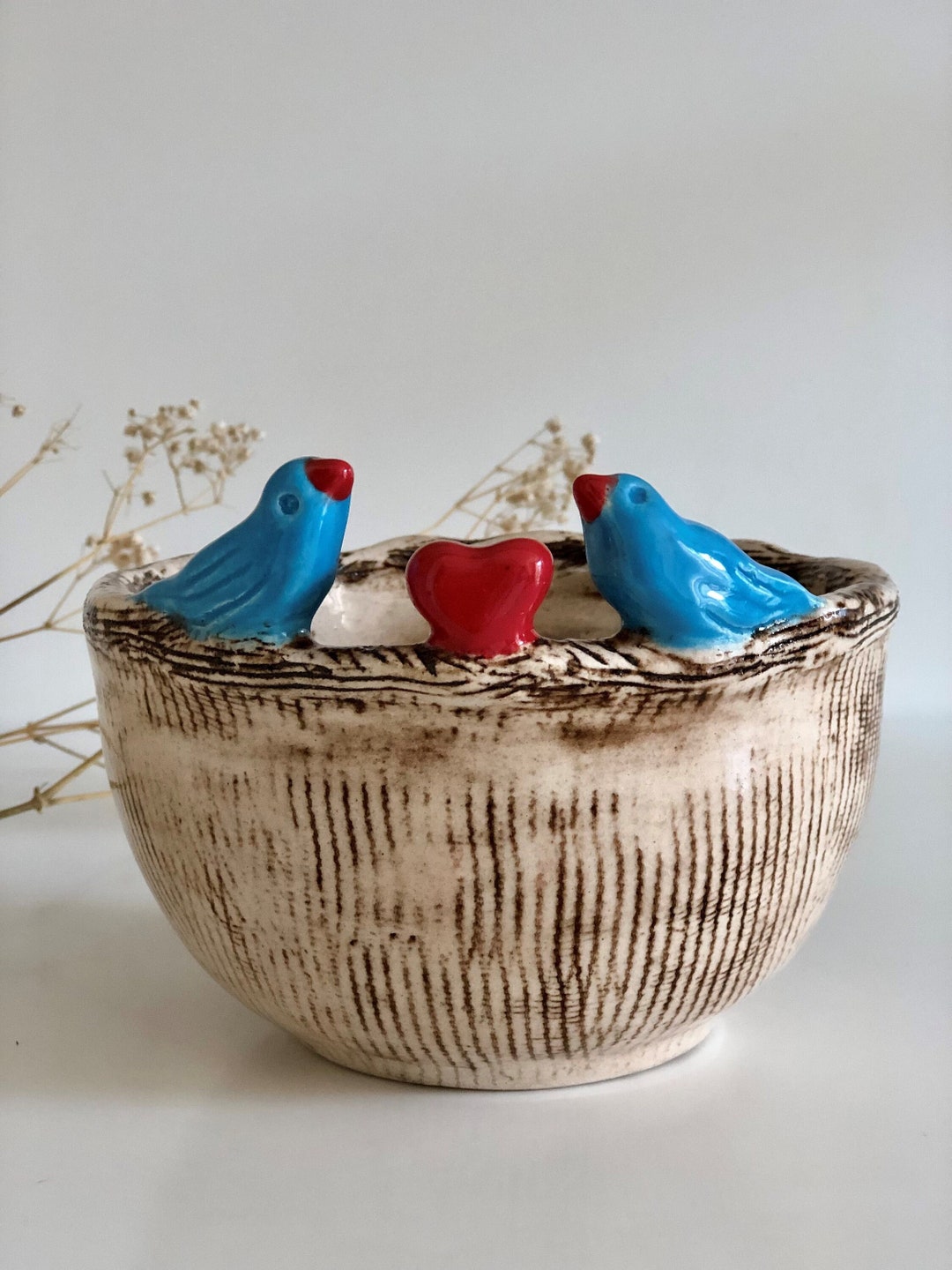 Rustic Ceramic Flower Pot Lovely Birds and Heart, Bird Planter for ...