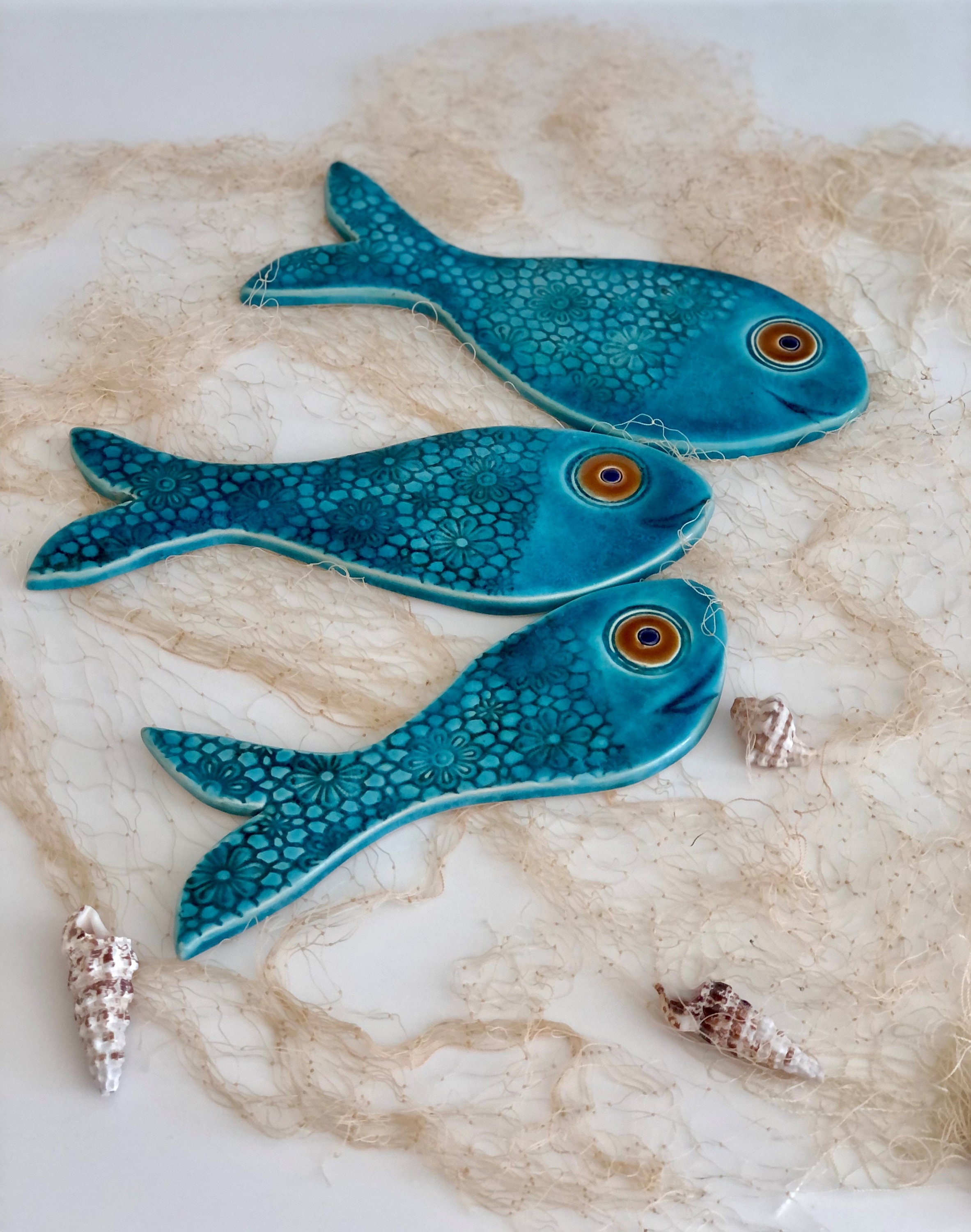 Turquoise Ceramic Fish Set, Fish Wall Art, Fish Artwork, Fish Wall ...