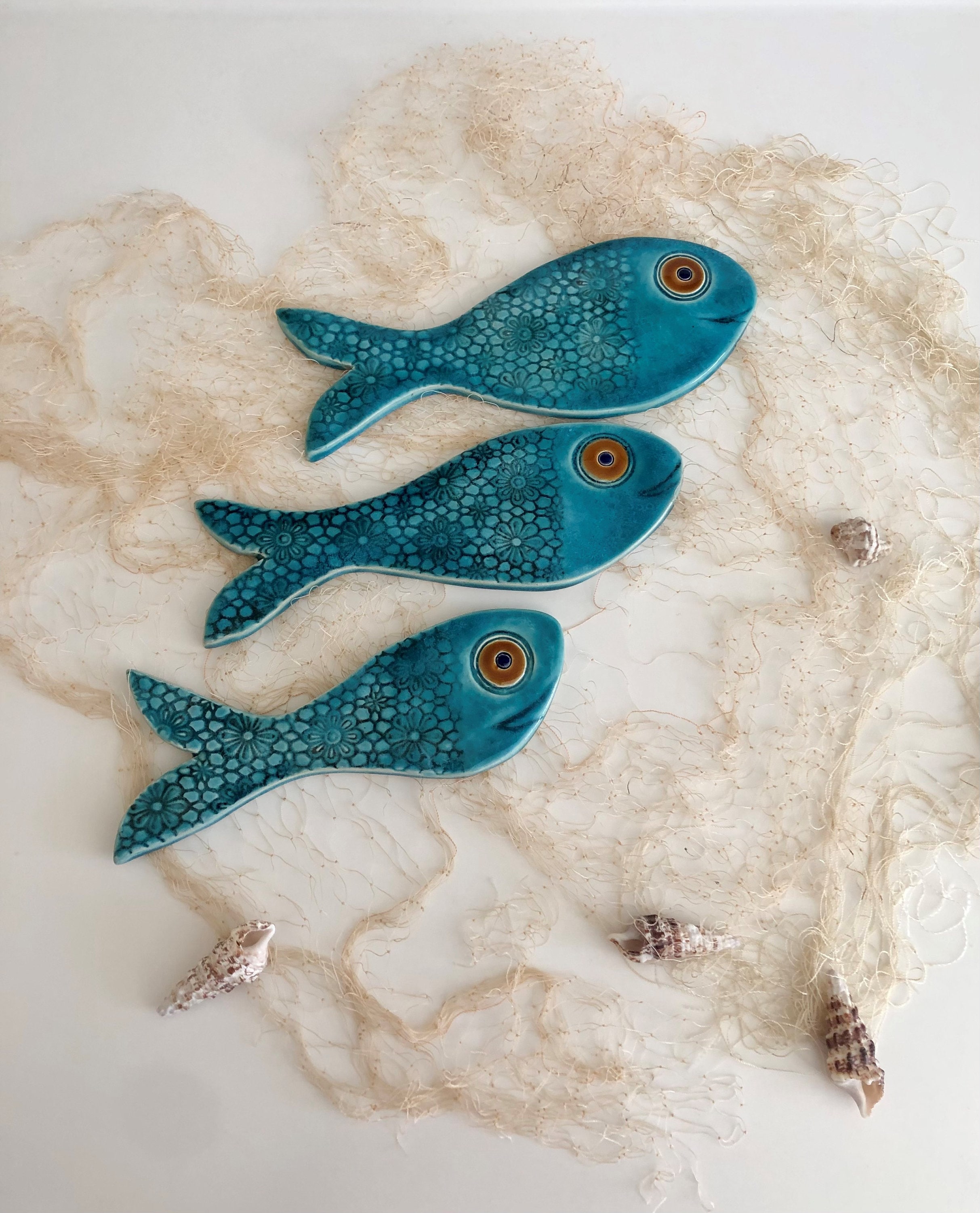 Turquoise Ceramic Fish Set, Fish Wall Art, Fish Artwork, Fish Wall ...